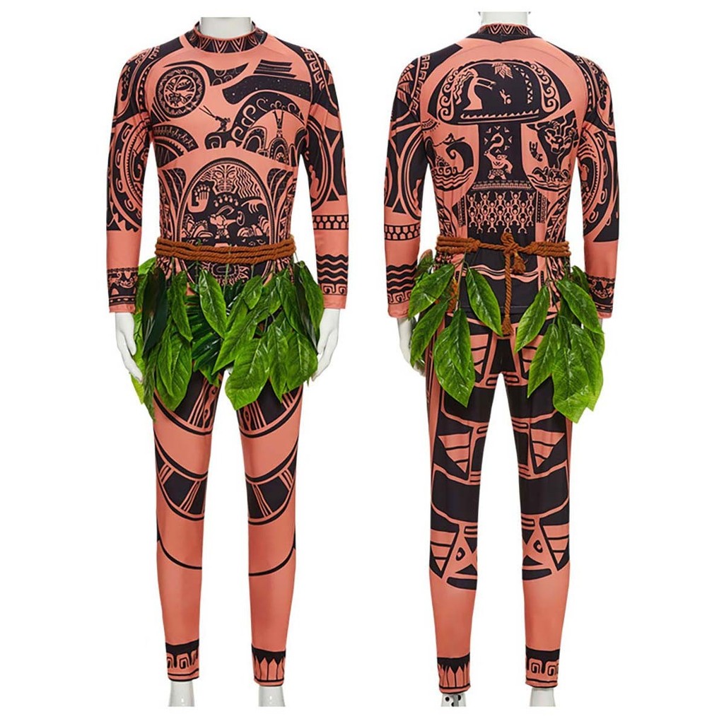 Halloween Adult Men Moana Maui Tattoo Costume With Leaves Decor Disp ...