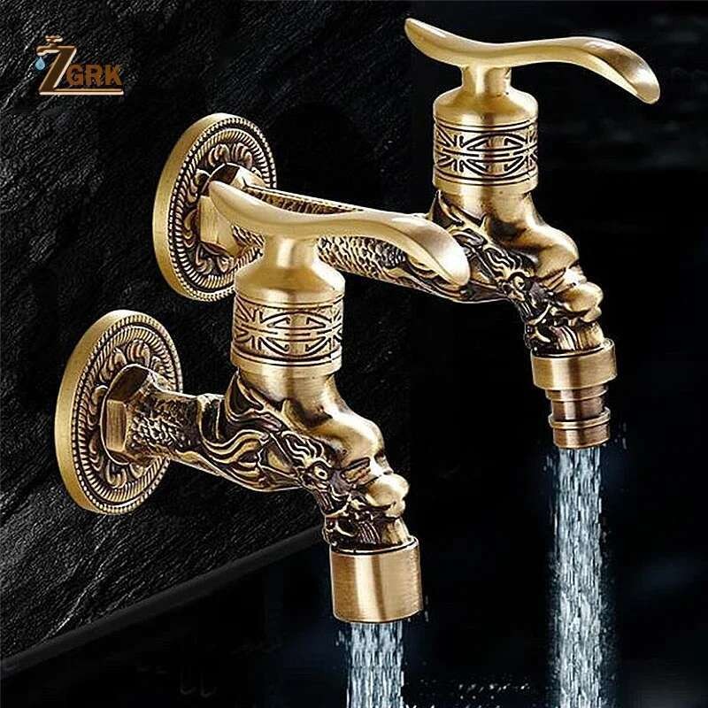 Carved ZGRK Wall Mount Bib Brass Retro Tap Decorative Outdoor Garden ...