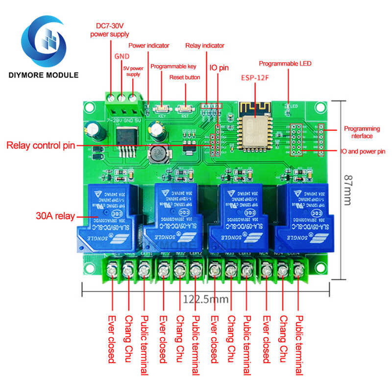 WIFI ESP8266 4 Channel Relay Module ESP-12F Development Board DC 5V 7-28V 30A For Arduino Smart ...