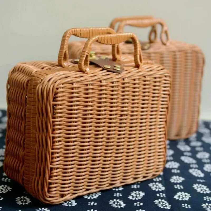 Storage Simple Retro PP Imitation Rattan Weaving Picnic Wicker Suitcase ...