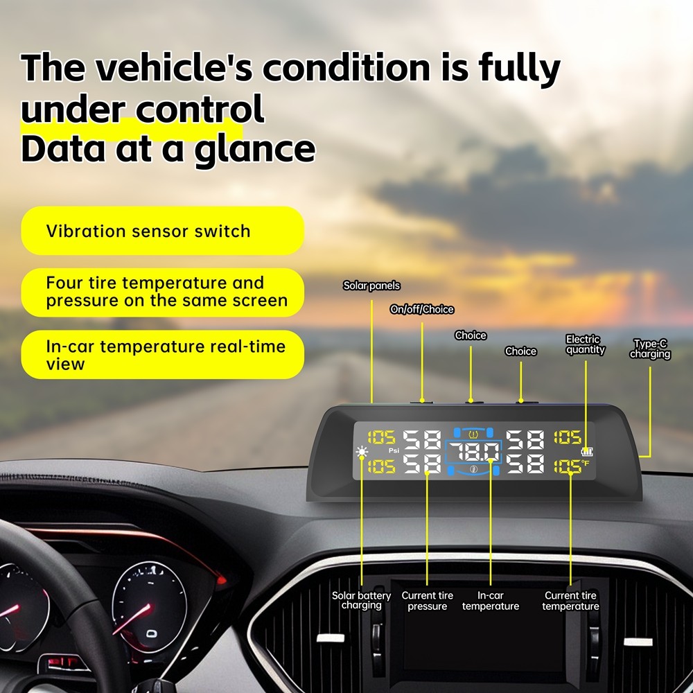 【With in-car temperature display】TPMS Car Solar Digital LCD Display ...