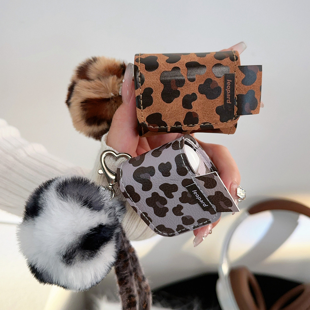 Luxury Leopard Print Leather Bag Earphone Case with Plush Pendant for ...