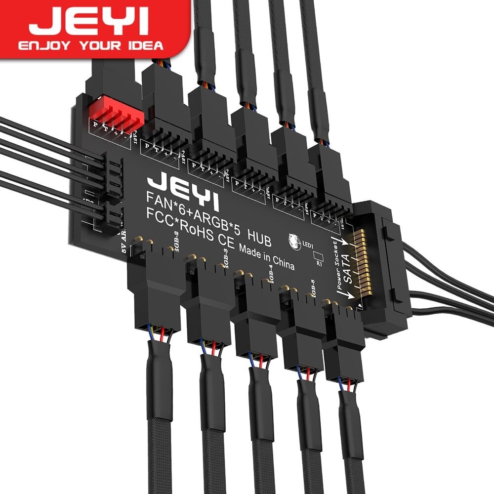 JEYI 4Pin PWM & 5V 3Pin ARGB with SATA 15Pin Power 5 Way Sync Fan Hub ...