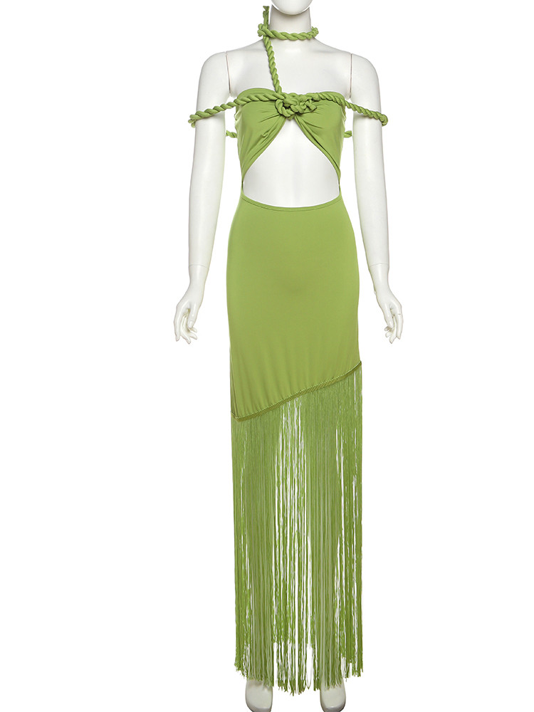 Klalien Elegant Hollow Tassel Hem Sexy Party Dress Women Plait Slash ...