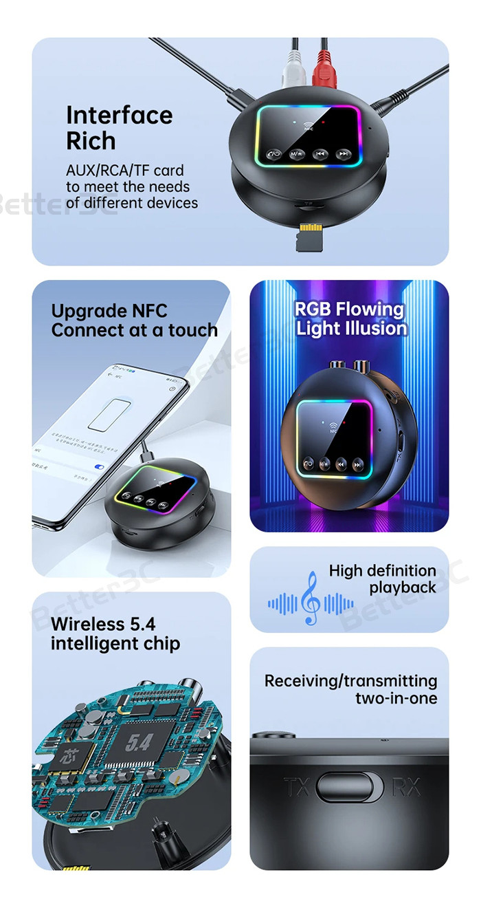 NFC Bluetooth 5.4 Receiver Transmitter HiFi Stereo Wireless Audio Adapter 3.5mm AUX RCA ...