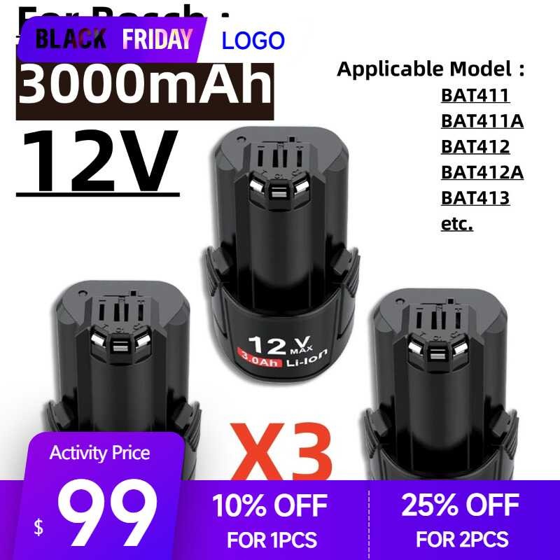 Li-ion 2 Rechargeable for Bosch, Battery Charger, 12V, 10.8V, 3.0Ah ...