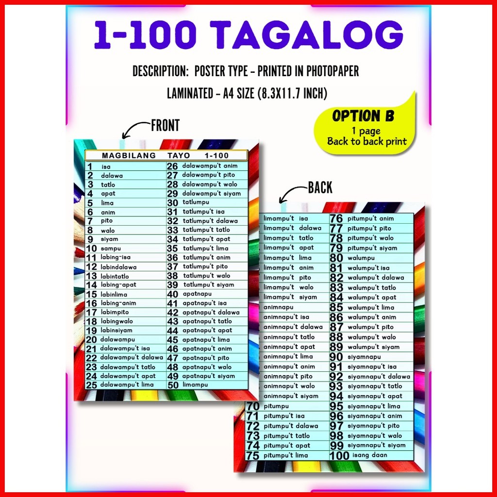 Number 1-100 Tagalog laminated educational wall chart back to back ...