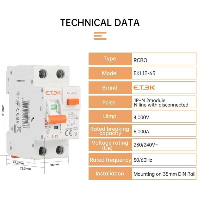 RCBO ETEK Type A 1P+N Residual Automatic Circuit Breaker With Over Current Leakage Protection ...