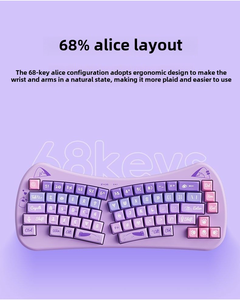 BOW K666 68% Alice Keyboard 3mode Wireless BT/2.4G Wired Ergonomics ...