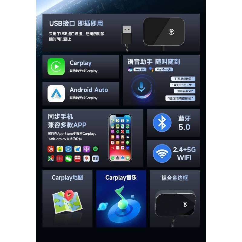 2 in 1 Wireless CarPlay Android Auto Adapter Convert Wired to Wireless ...