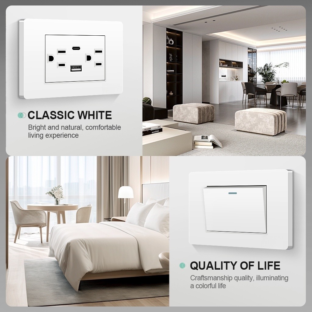 White Series 1/2/3 Gang Outlet & Wall Light Switch - Universal Multiple ...