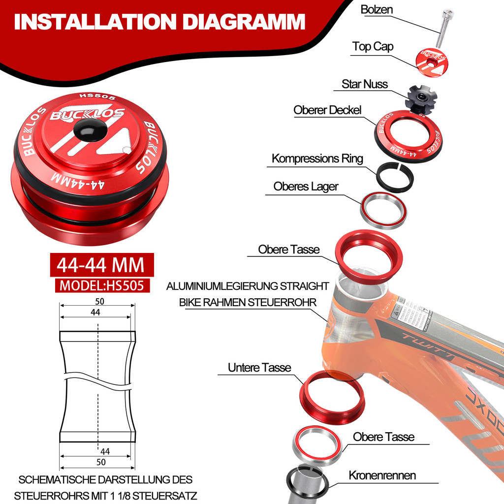 BUCKLOS MTB Headset 44mm Sealed Bearing 34/41.8/52/50.6/55/56mm Tapered Alloy Bike Head Set ...