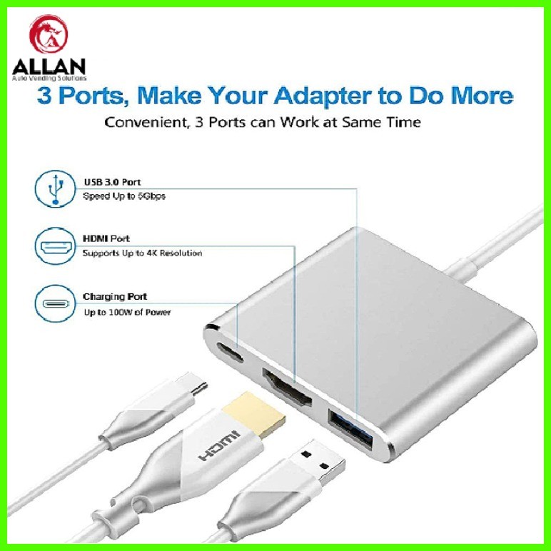 Allan 3 in 1 4K Multiport AV Converter, USB-C to HDMI with USB 3.0 ...