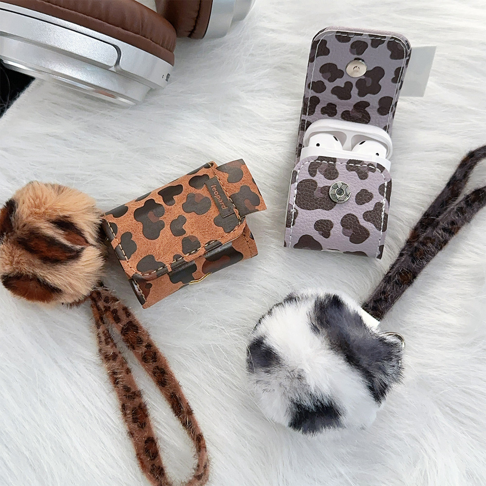 Luxury Leopard Print Leather Bag Earphone Case with Plush Pendant for ...