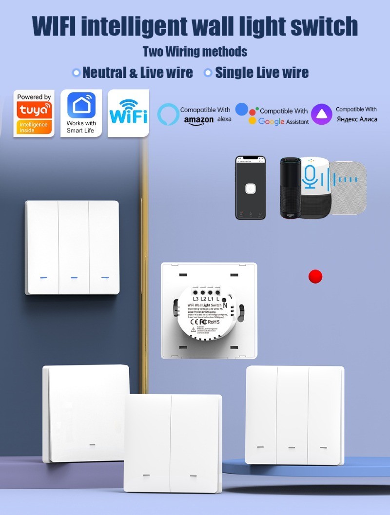 TUYA WIFI Smart Switch Light 1/2/3 Gang Push Button Wall Switch Smart ...