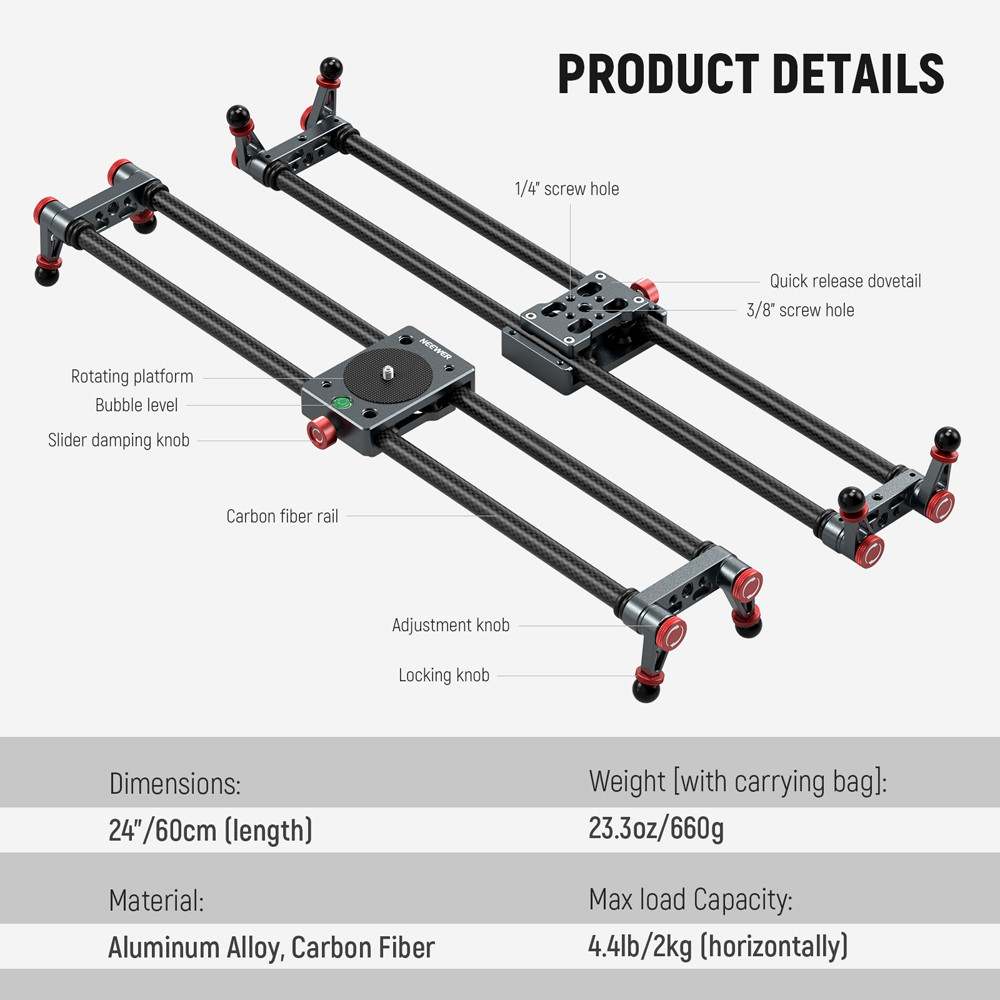 NEEWER 24"/60cm Carbon Fiber Camera Slider, Dolly Rail Track with 360 ...