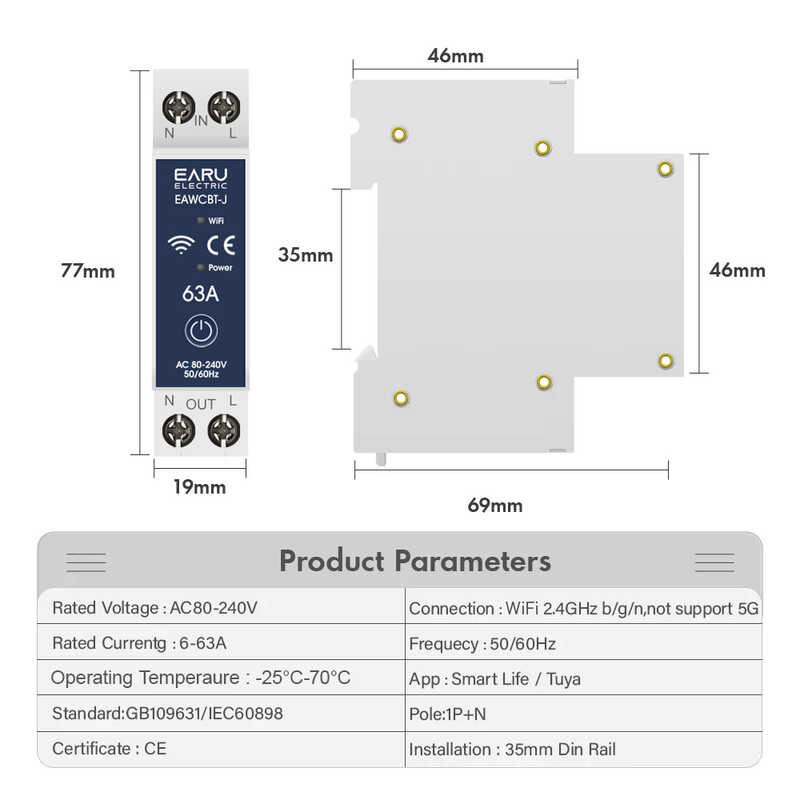 WiFi Tuya Smart Circuit Breaker MCB Timer 1P+N 63A Power Energy kWh ...