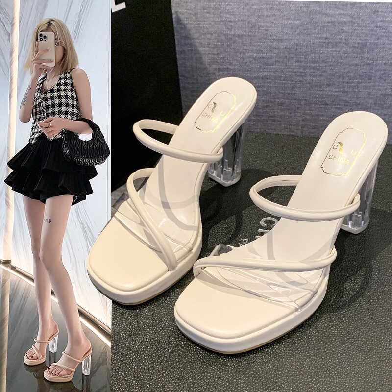 ck Heel, Transparent Straight Strap Sandals, Crystal Heel, Temperament ...