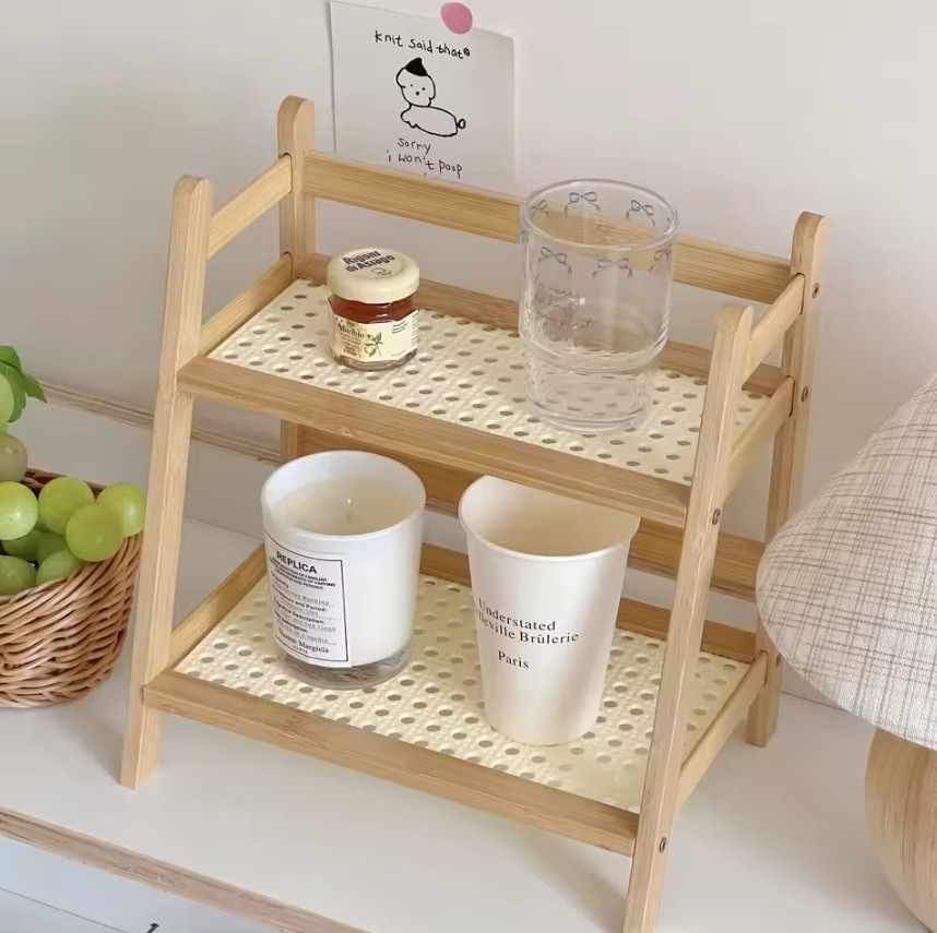 Storage Rack organizer Wooden Double-Layer Table Shelf Rattan Bedroom ...