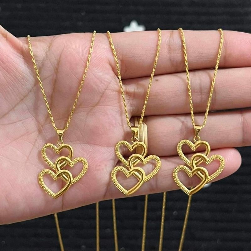 COD️18K SAUDI GOLD ROPE CHAIN 18" 20" WITH TRIPPLE HEART PENDANT ...
