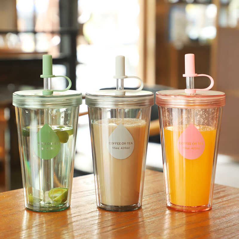 520Ml Creative Double Layer Plastic Straw Portable Milk Tea Handy Cup ...