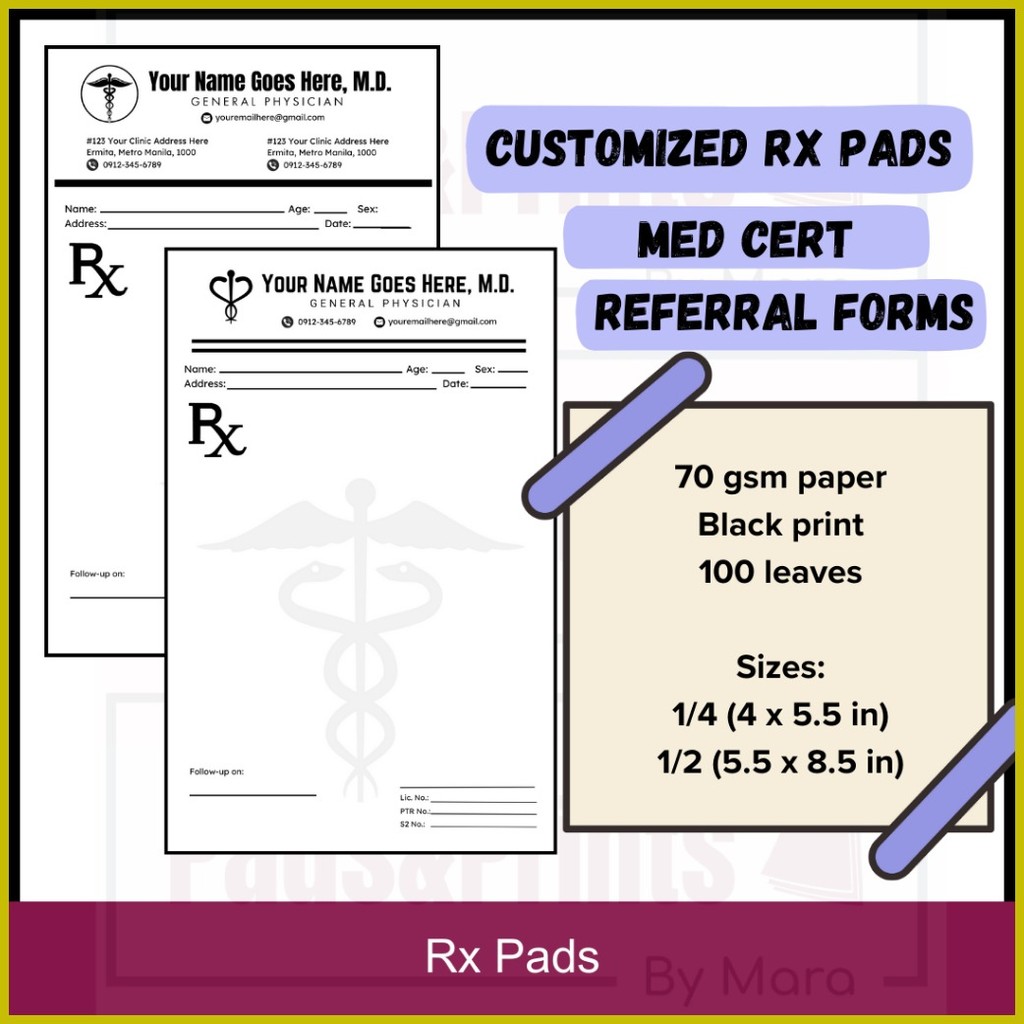 ๑ Generic and Customized Rx Pads, Med Cert, Referral Letter (100 leaves ...