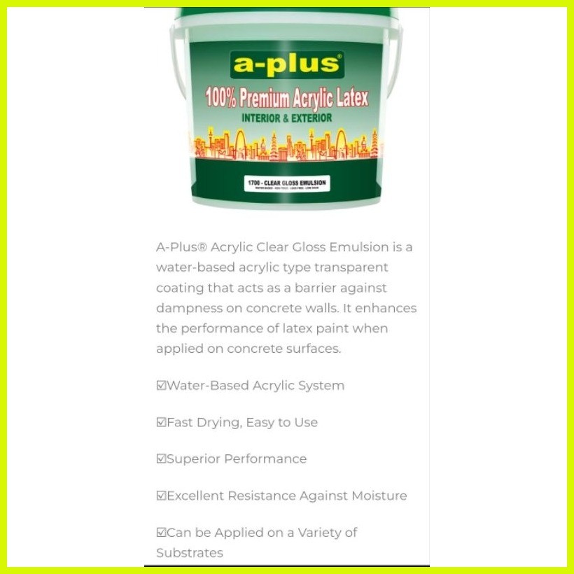 ACRYLIC EMULSION CLEAR GLOSS A-PLUS/APLUS 1LITER WATERBASED, NON TOXIC ...