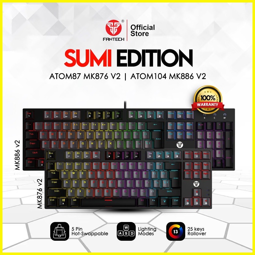 Fantech Atom MK886V2 MK876V2 Sumi Series 3 Pin Hot swappable RGB Wired Mechanical Gaming Keyb ...