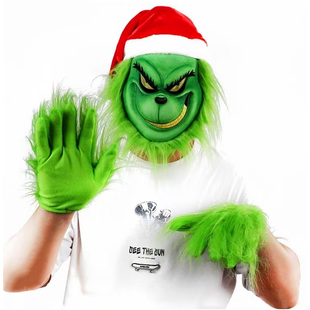 Monster Grinch With Gloves Halloween Costume, Green Latex Full Head ...
