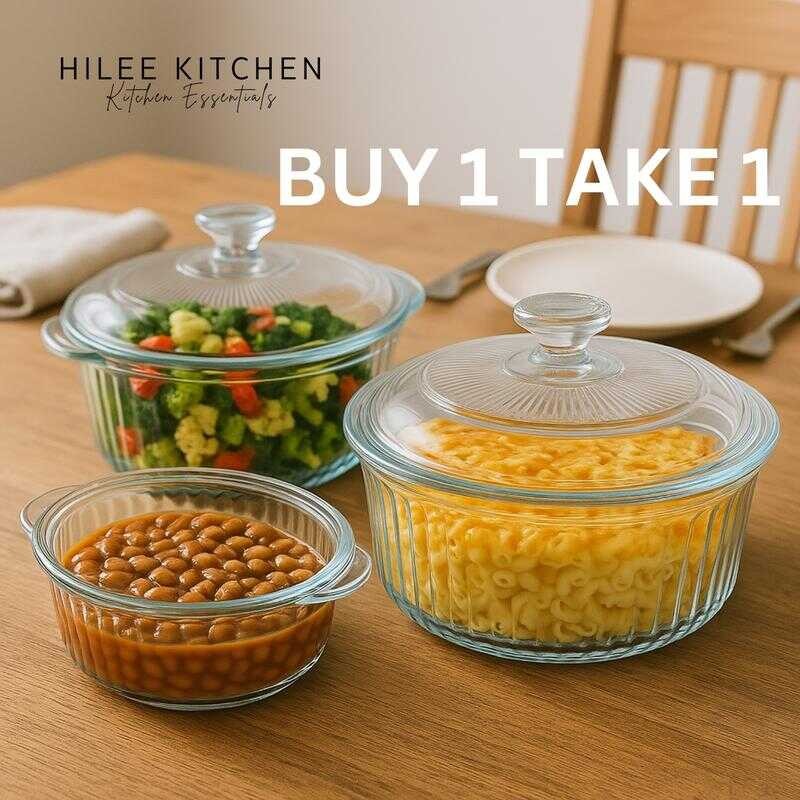 B1t1 Hilee Clear Glass Oval Casserole Dish W/Lid & Round Mixing Bowl ...