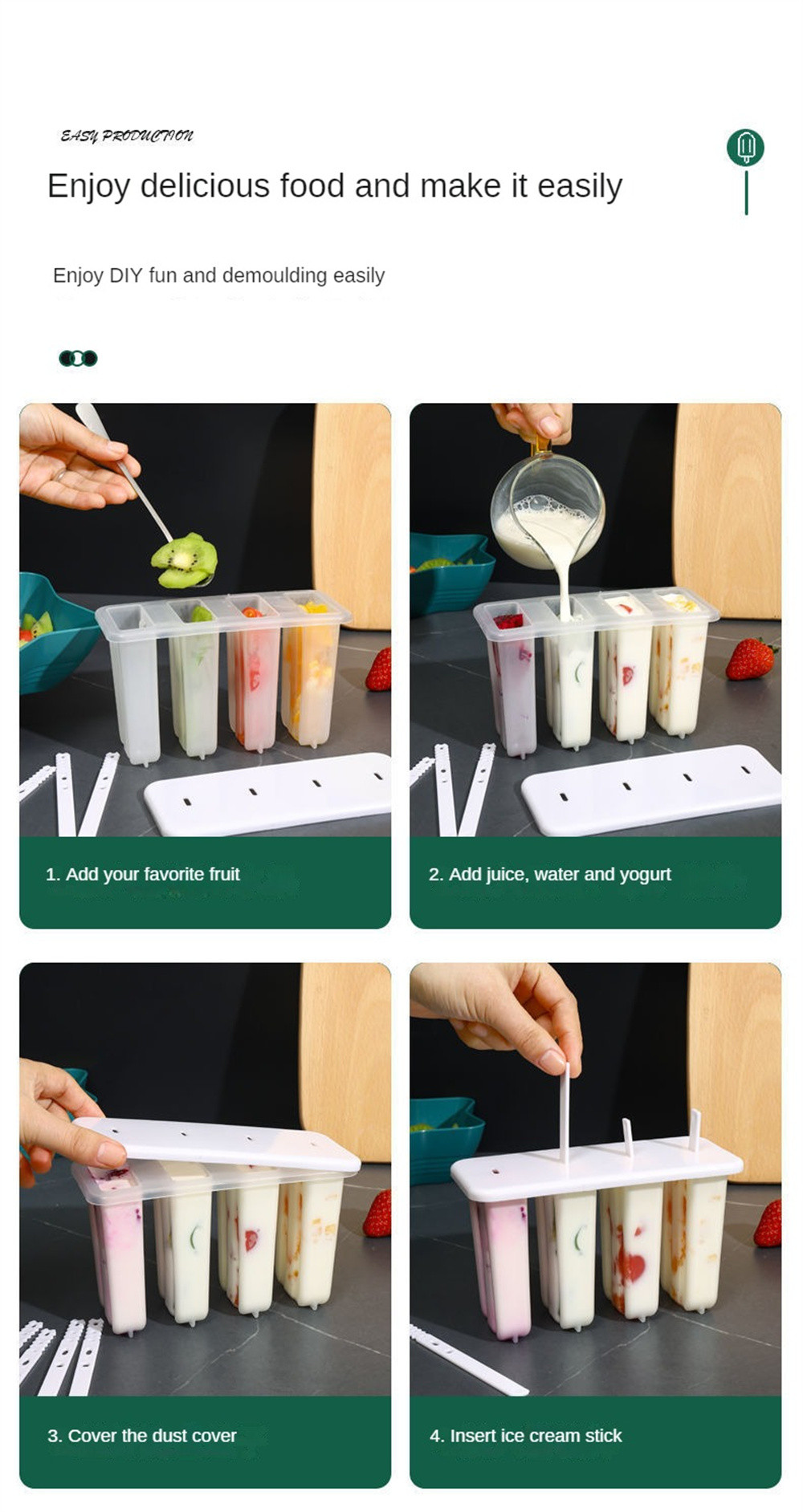 4 Grids Ice Pop Molder Popsicle Popsicle Mold DIY Homemade Old Popsicle Molds With Lids ...