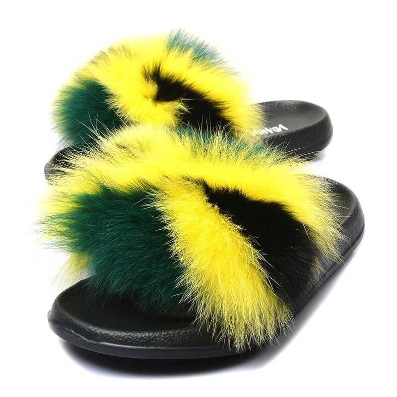 Slides Women Open Toe Real Fox Fur Slippers Girls Fluffy Slip Jamaica ...