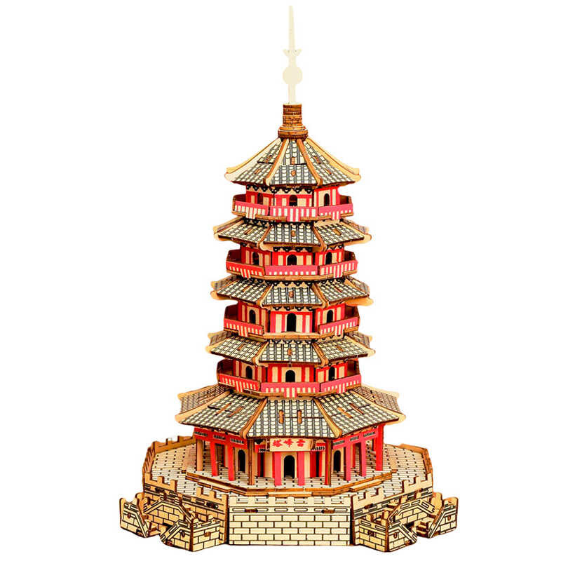 SK 3D Wooden Pagoda Puzzle DIY Building Temple Model Wood Toy Chinese ...