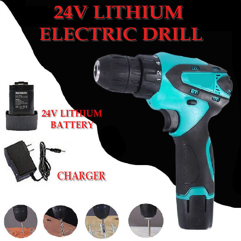 Cordless Electric Drill With 24V Rechargeable Lithium Battery Impact ...