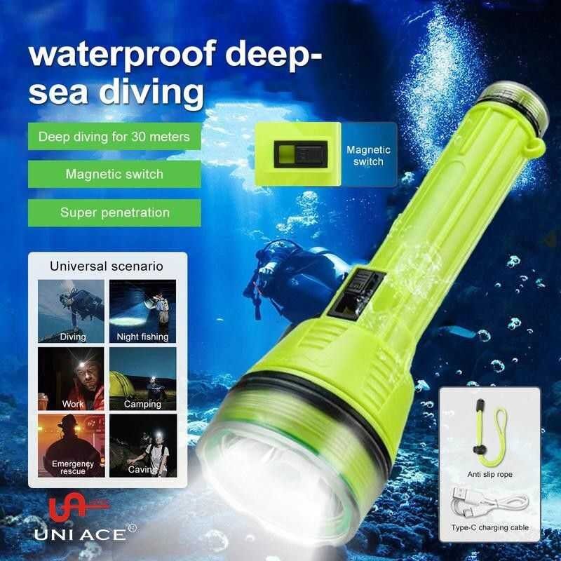 UNI ACE Diving Flashlight Ipx8 Waterproof LED Rechargeable Underwater ...