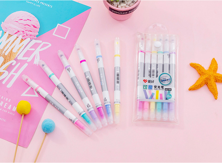 Erasable Dual-Tip Pastel Highlighters - 6-Color Set, Soft Fluorescent ...