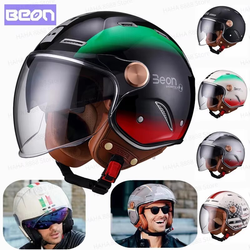 BEON DOT ECE Retro 3/4 Open Face Motorcycle Vintage Chopper Cte De Moto ...