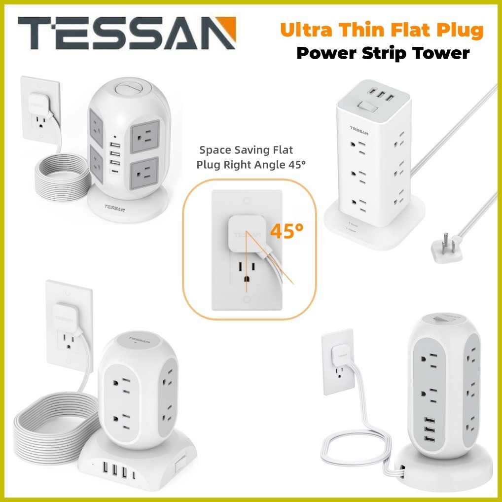 Flat Plug Power Strip Tower, TESSAN Ultra Thin Retractable Extension ...