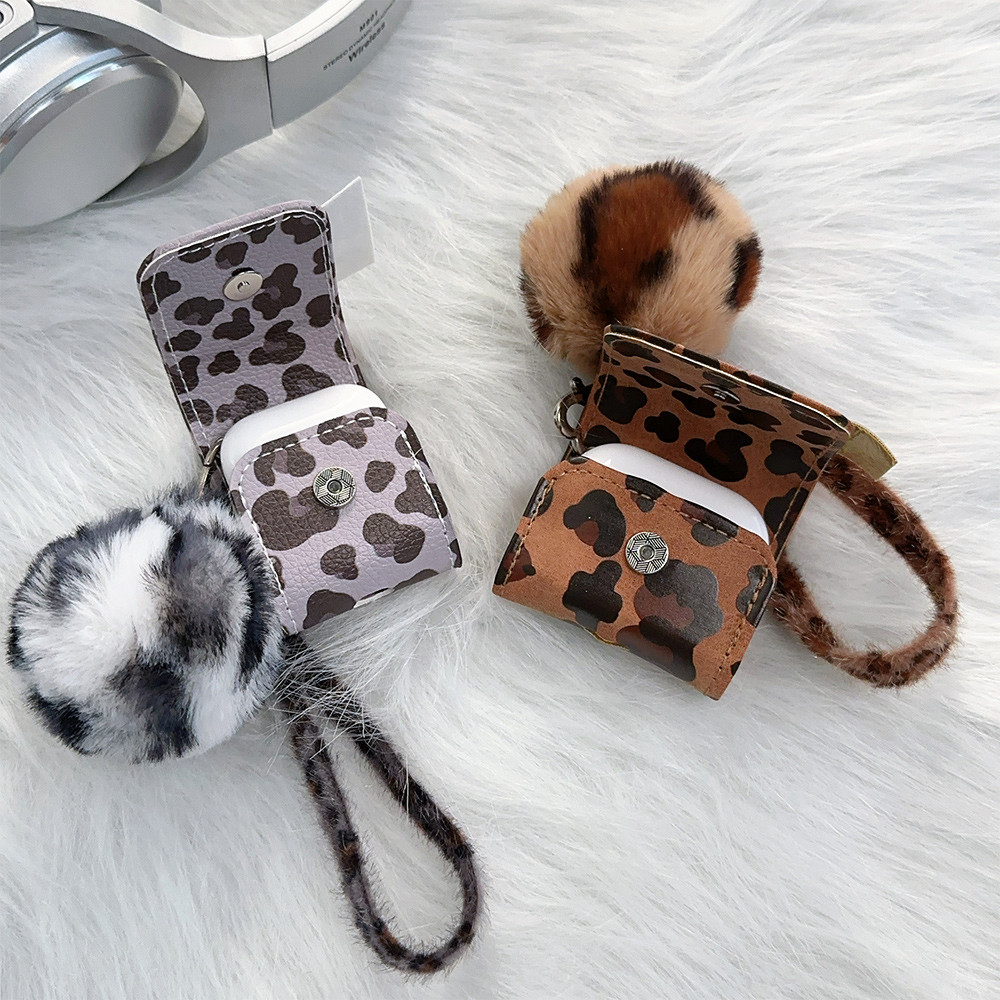 Luxury Leopard Print Leather Bag Earphone Case with Plush Pendant for ...
