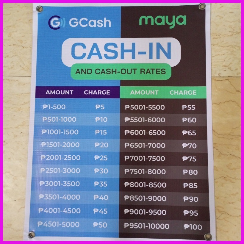 GCASH MAYA RATES Tarpaulin Banner FREE Eyelets Cash-In & Cash-Out ...