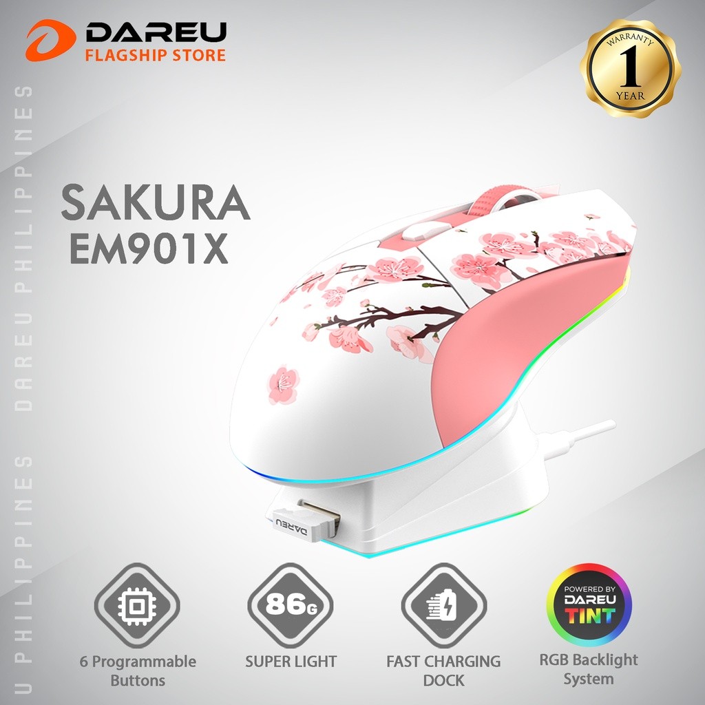 DAREU EM901x GEMINI Lightweight Dual-Mode RGB Backlit Pink Gaming Mouse ...