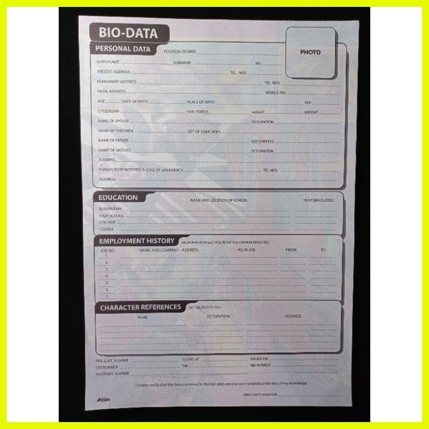 Bio- Data Personal Data Approx 100 Sheets | Shopee Philippines