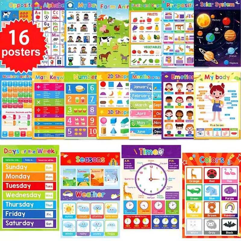 16Pcs Educational Preschool Posters Charts For Preschoolers Toddlers ...