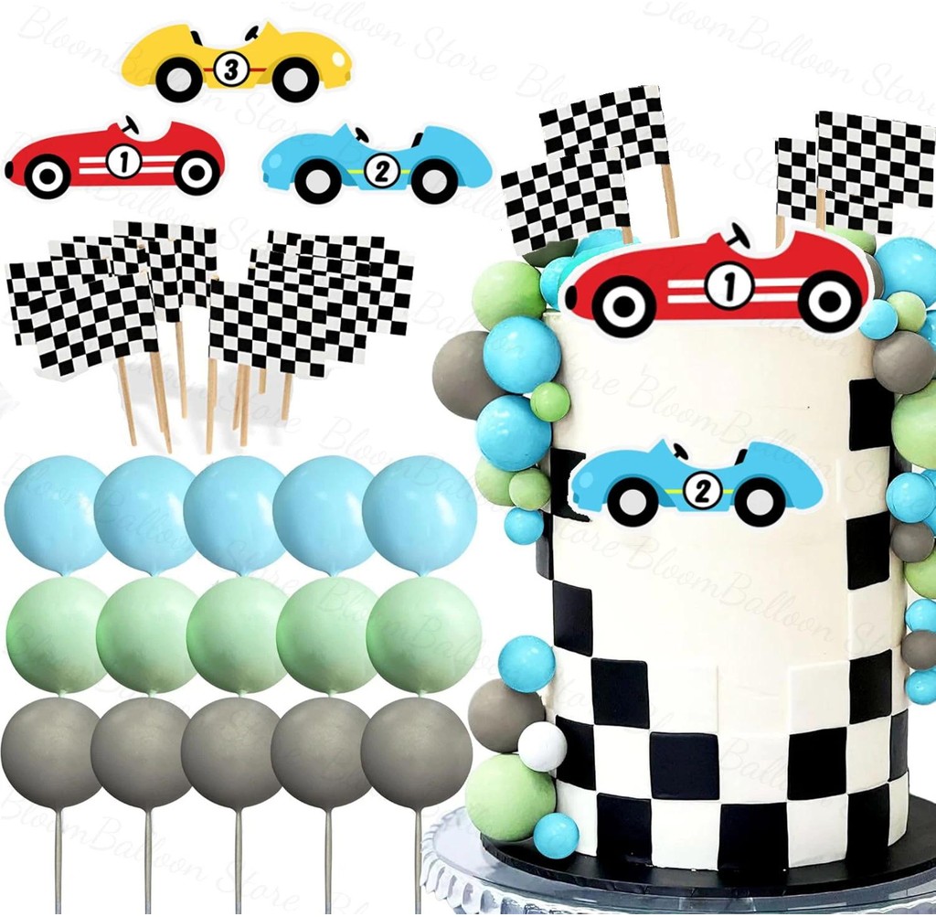 28pcs Two Fast Racing Car Cake Topper Blue Gray Grass Green Balls Cake ...