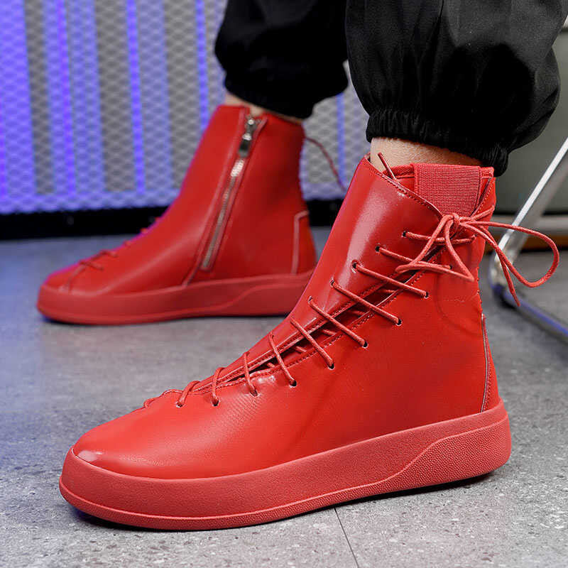 Trendy Red Mens Fashion Lace-Up Sneakers For High Top Casual Flat Hip ...