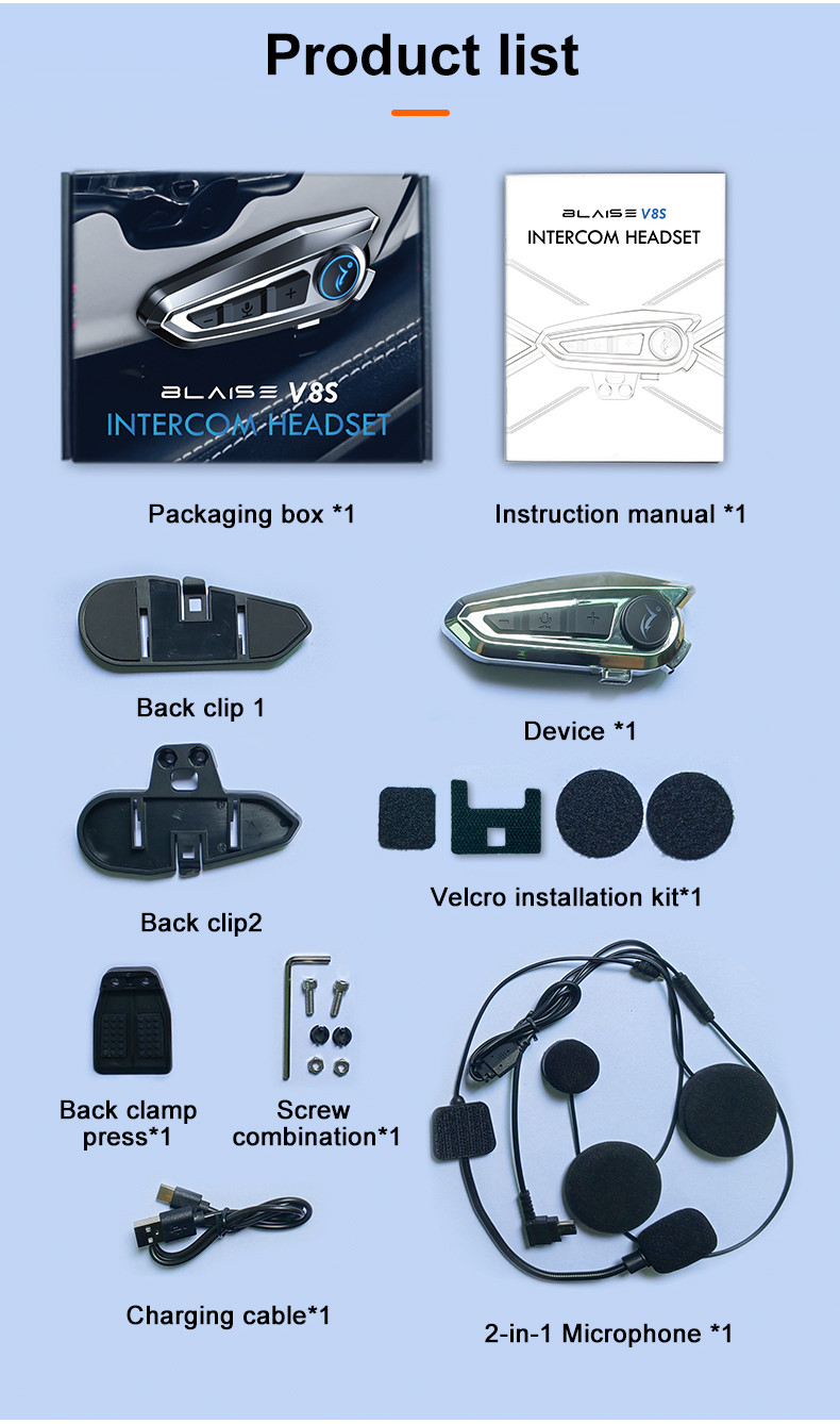 Blaise V8S Motorcycle Helmet Intercom Headset 500M Helmet Bluetooth ...