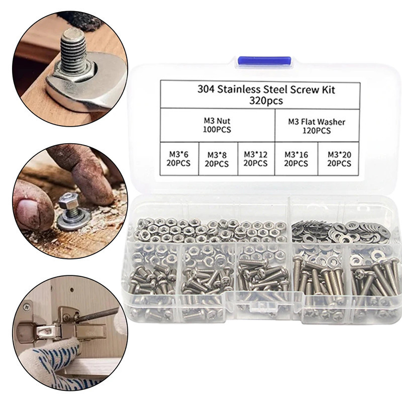 320Pcs/Box M3 Screw Nut Kit / Stainless Steel Hex Bolts Nut Flat Washer ...