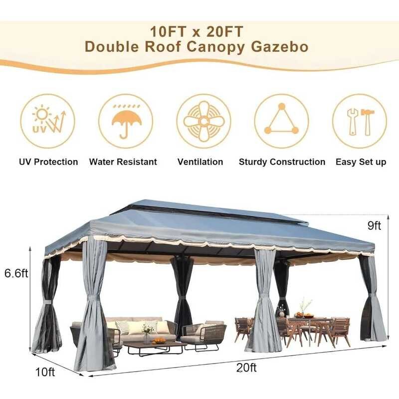 10x20 5db FT Outdoor Gazebo, Double Roof Patio Pergolas Steel Frame ...