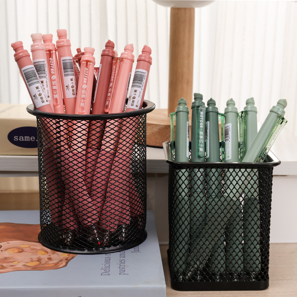 Metal Mesh Grid Pen Holder Round/Square Pencil Container Desk Storage ...