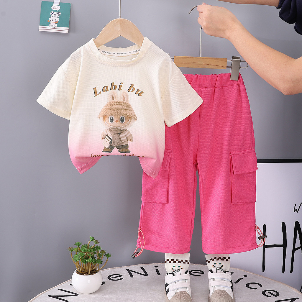 Labubu Kids Girl Outfit Round Neck Soft Shirt + Solid Color Pants with ...
